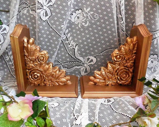 Rose Gold Book Ends, Floral Baroque Ornate, Flowers, Bookends, Matching ...