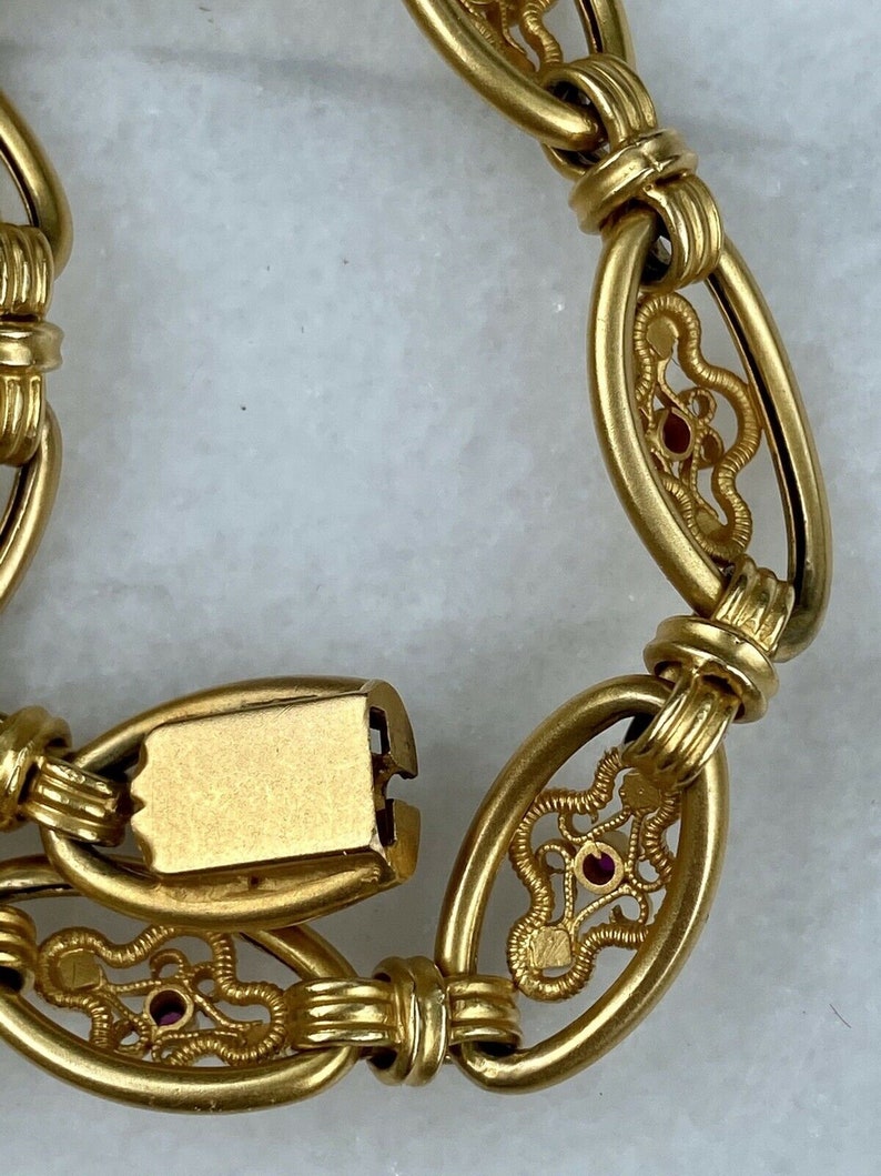 18K Yellow Gold Ruby Filigree Scrolls Oval Link Bracelet - Etsy