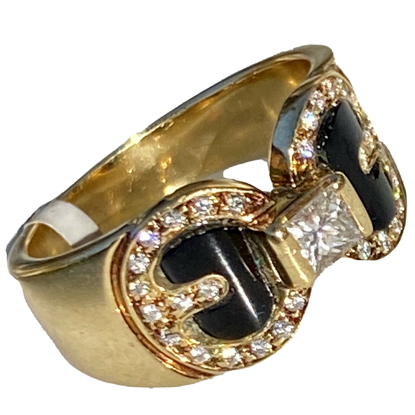 18K Yellow Gold Diamond Carved Onyx Escada Eluna Ring Signed Bow Buckle ...