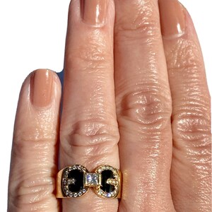 18K Yellow Gold Diamond Carved Onyx Escada Eluna Ring Signed Bow Buckle ...