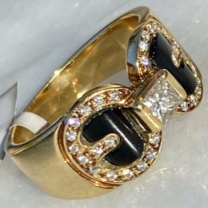 18K Yellow Gold Diamond Carved Onyx Escada Eluna Ring Signed Bow Buckle ...
