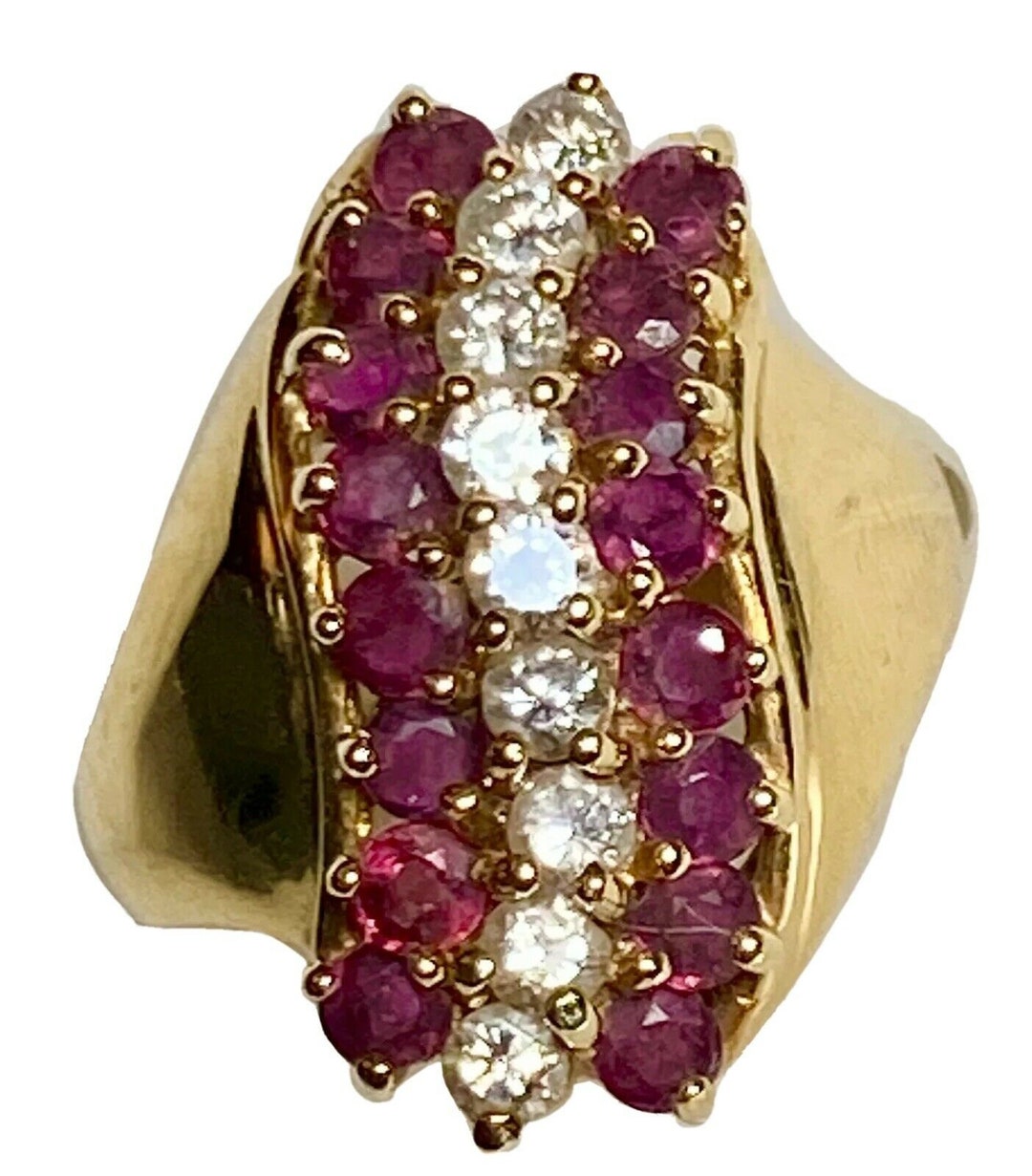 14K Yellow Gold Diamond Ruby Vintage Waterfall Climber Wide Ring ...