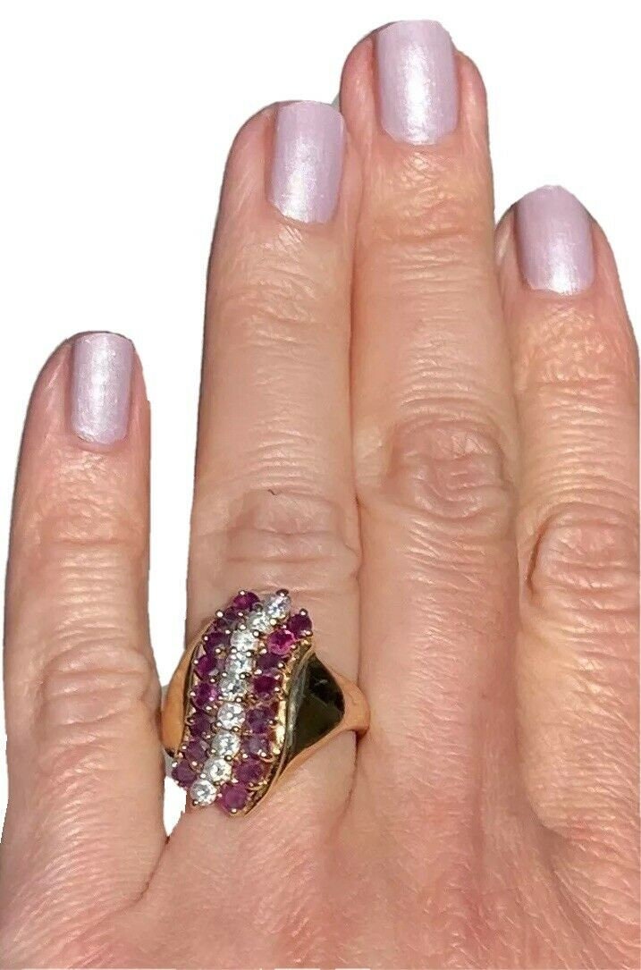 14K Yellow Gold Diamond Ruby Vintage Waterfall Climber Wide Ring ...