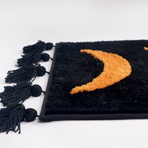 Black Boho Bathroom Rug Runner Moon Phases Bath Mat With Tassels - Half ...