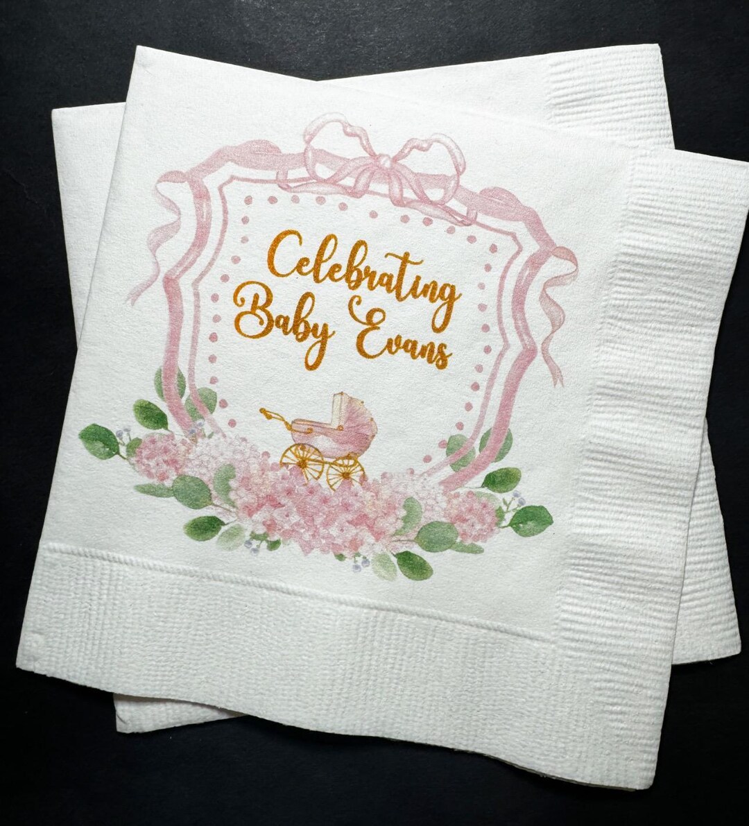 Baby Carriage Watercolor Crest Pink Bow Baby Shower Personalized ...