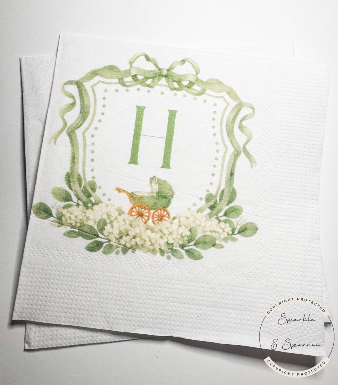 Baby Carriage Watercolor Crest Monogram Green Bow Baby Shower ...