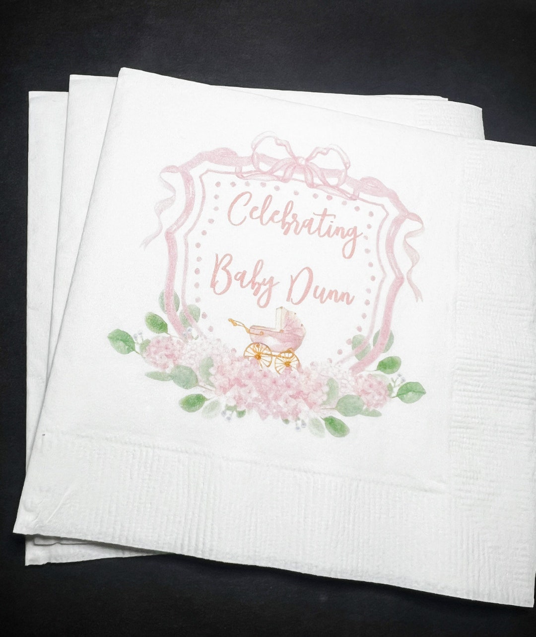 Baby Carriage Watercolor Crest Pink Bow Baby Shower Personalized ...