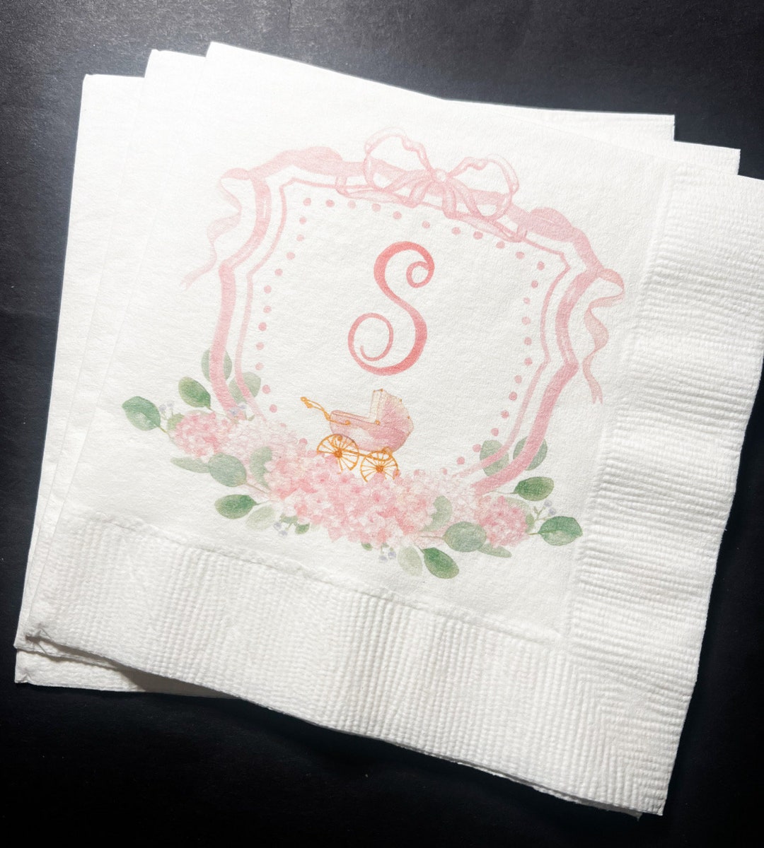 Baby Carriage Watercolor Crest Monogram Pink Bow Baby Shower ...