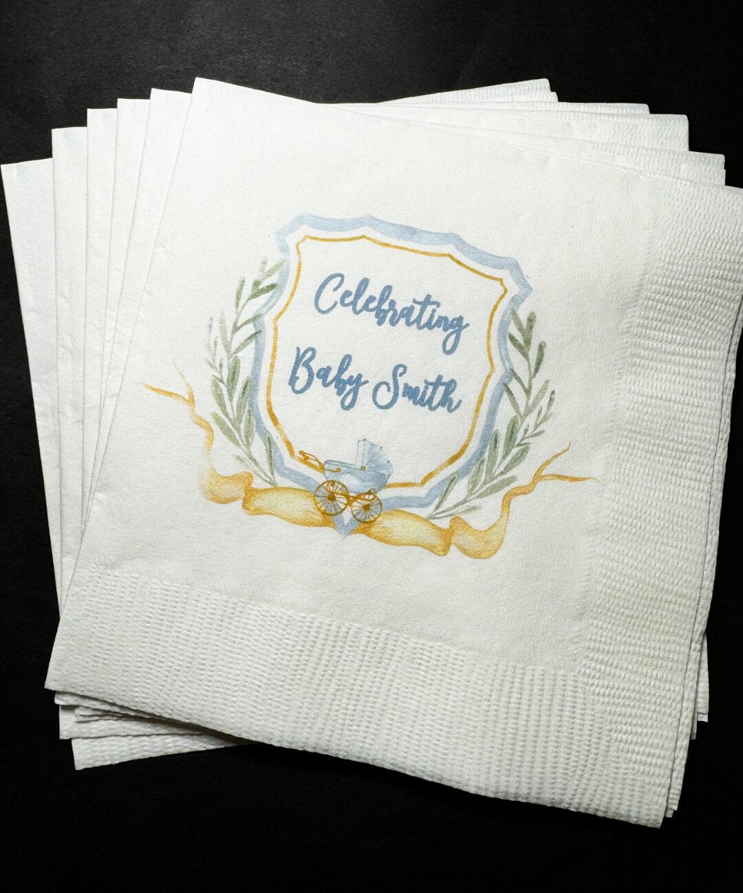 Baby Carriage Boy Baby Shower Watercolor Crest Monogram Blue Bow Baby Shower Personalized ...