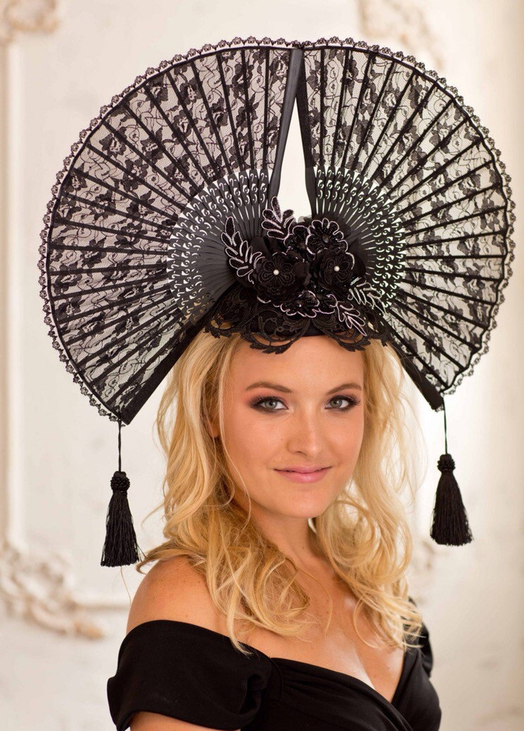 Black Lace Fascinator, Lace Hat, Acsot Hat, Cocktail Hat, Runway Hat ...