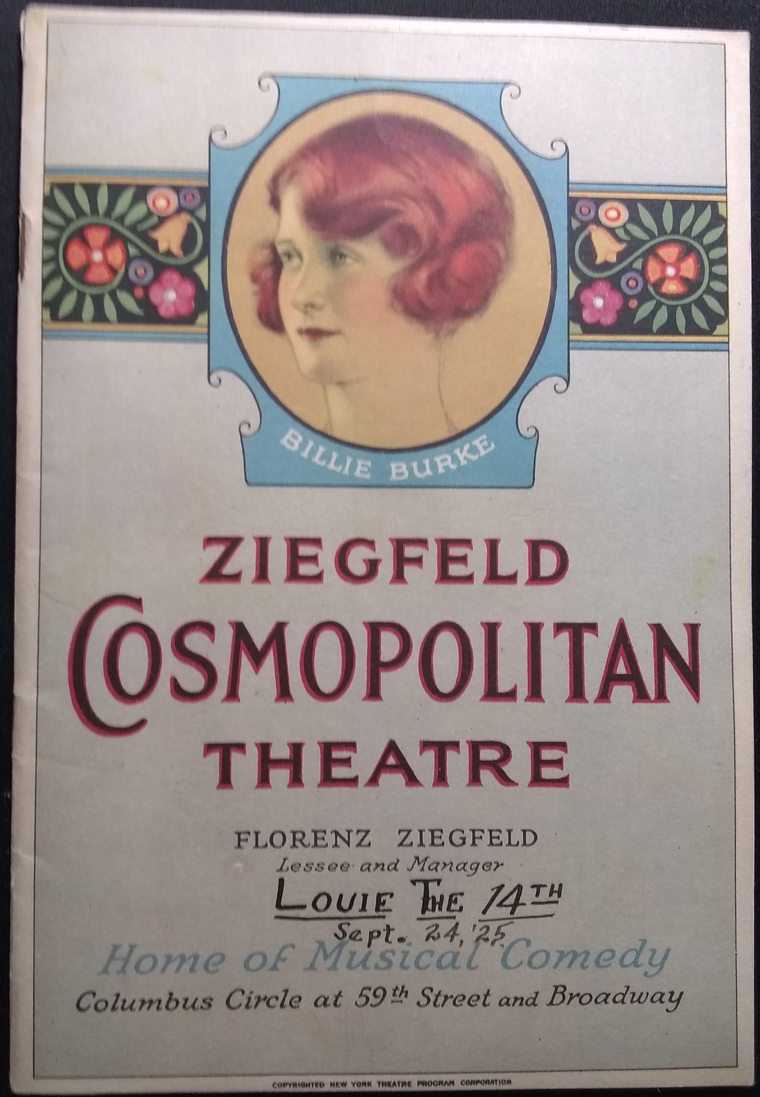 1925 Ziegfeld Cosmopolitan Theatre Playbill, Featuring Billie Burke ...