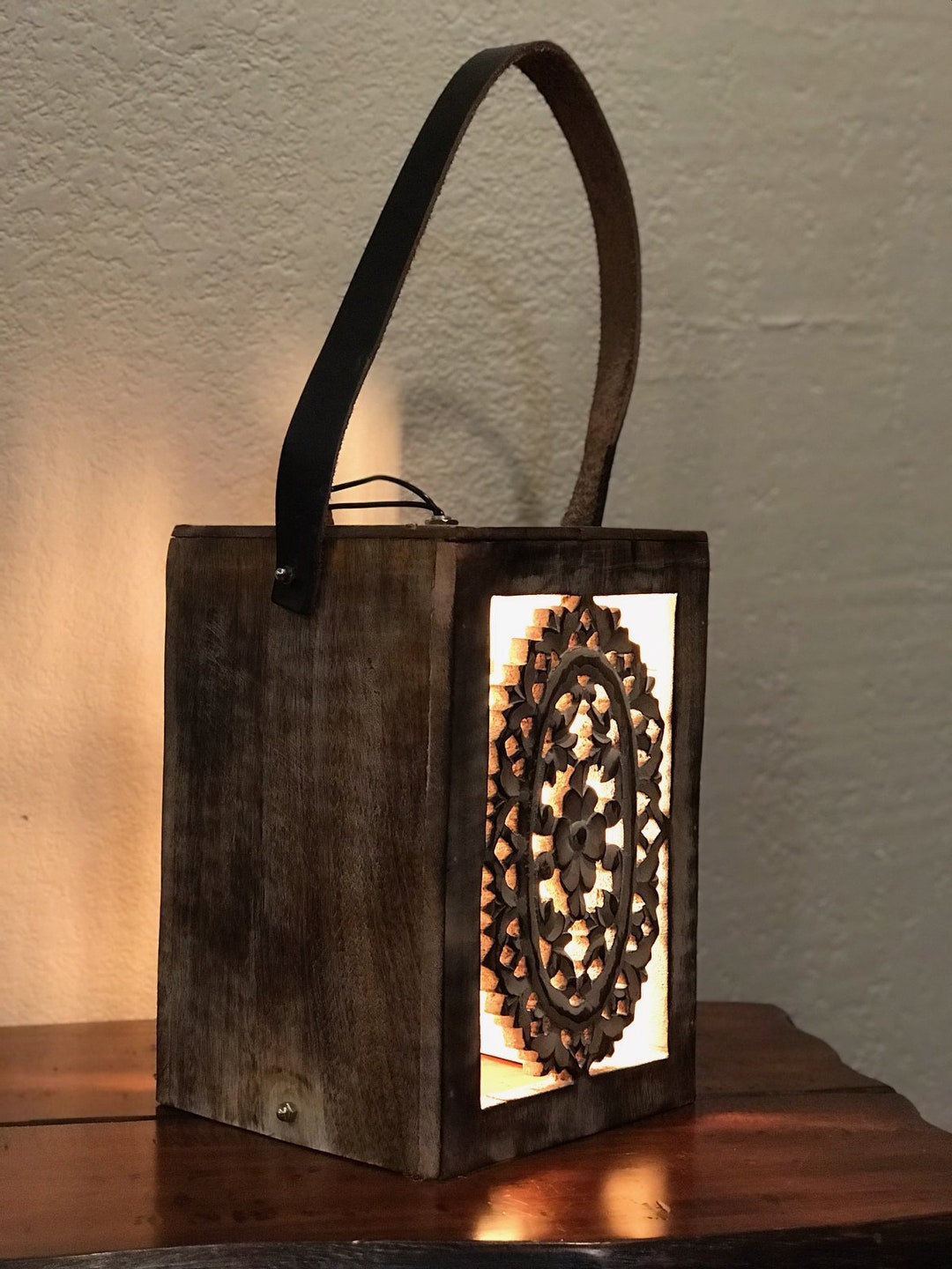 Carved Wooden Box Hanging Edison Lantern - Etsy