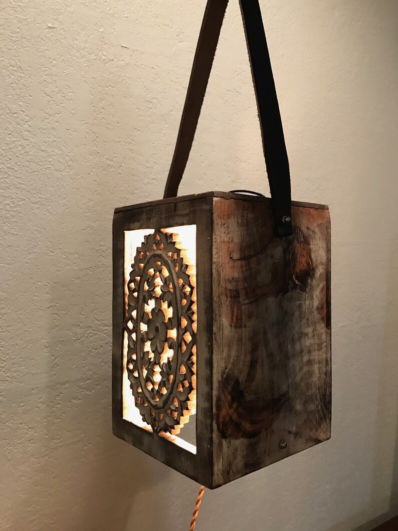 Carved Wooden Box Hanging Edison Lantern - Etsy