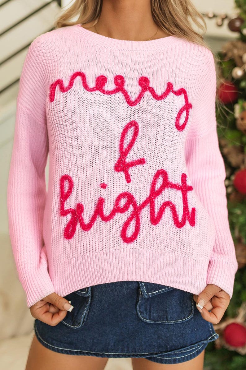 Pink Merry & Bright Pop up Letter Waffle Knit Sweater - Etsy