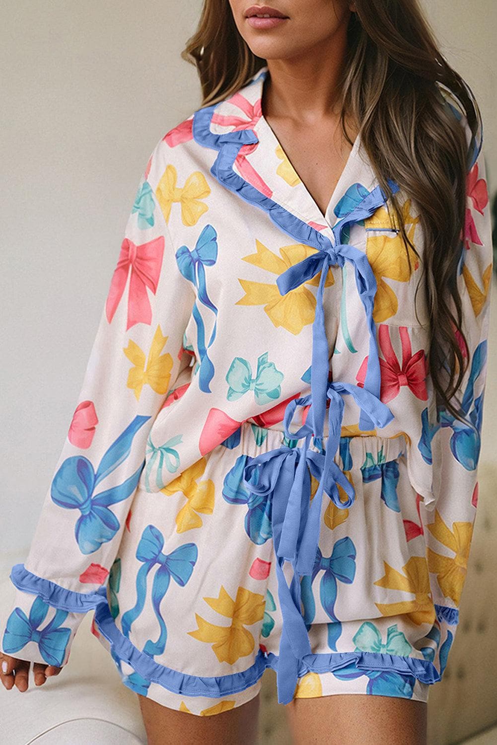 Sky Blue Bow Print Tied Ruffled Pajama Set - Etsy