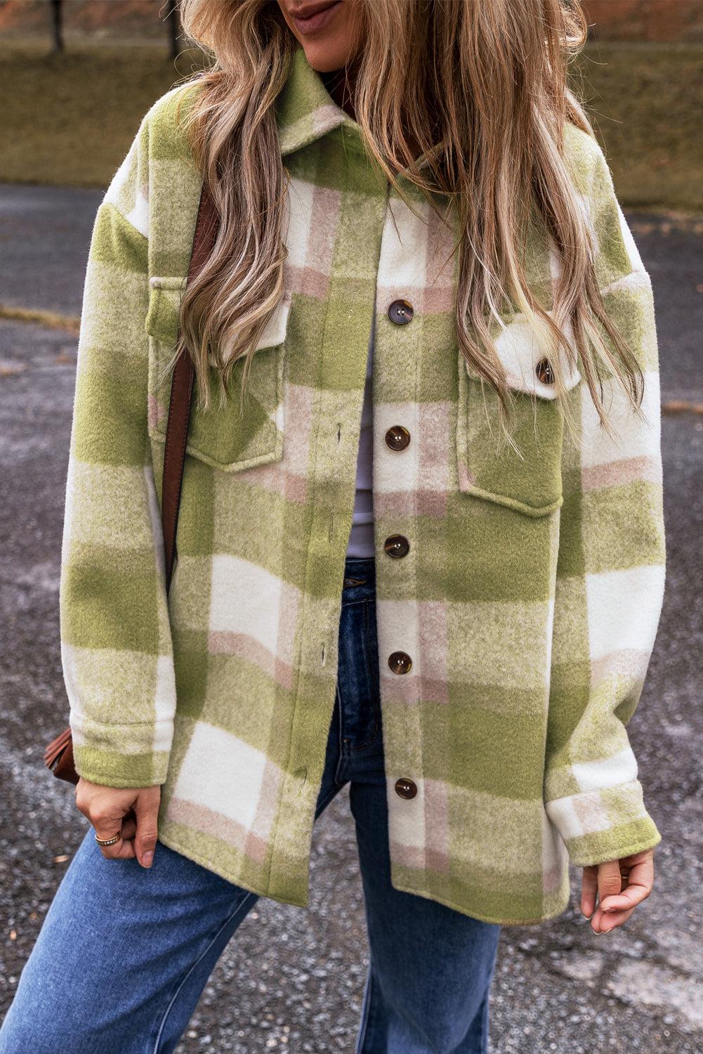 Sage Green Plaid Print Buttoned Flap Pockets Baggy Shacket - Etsy