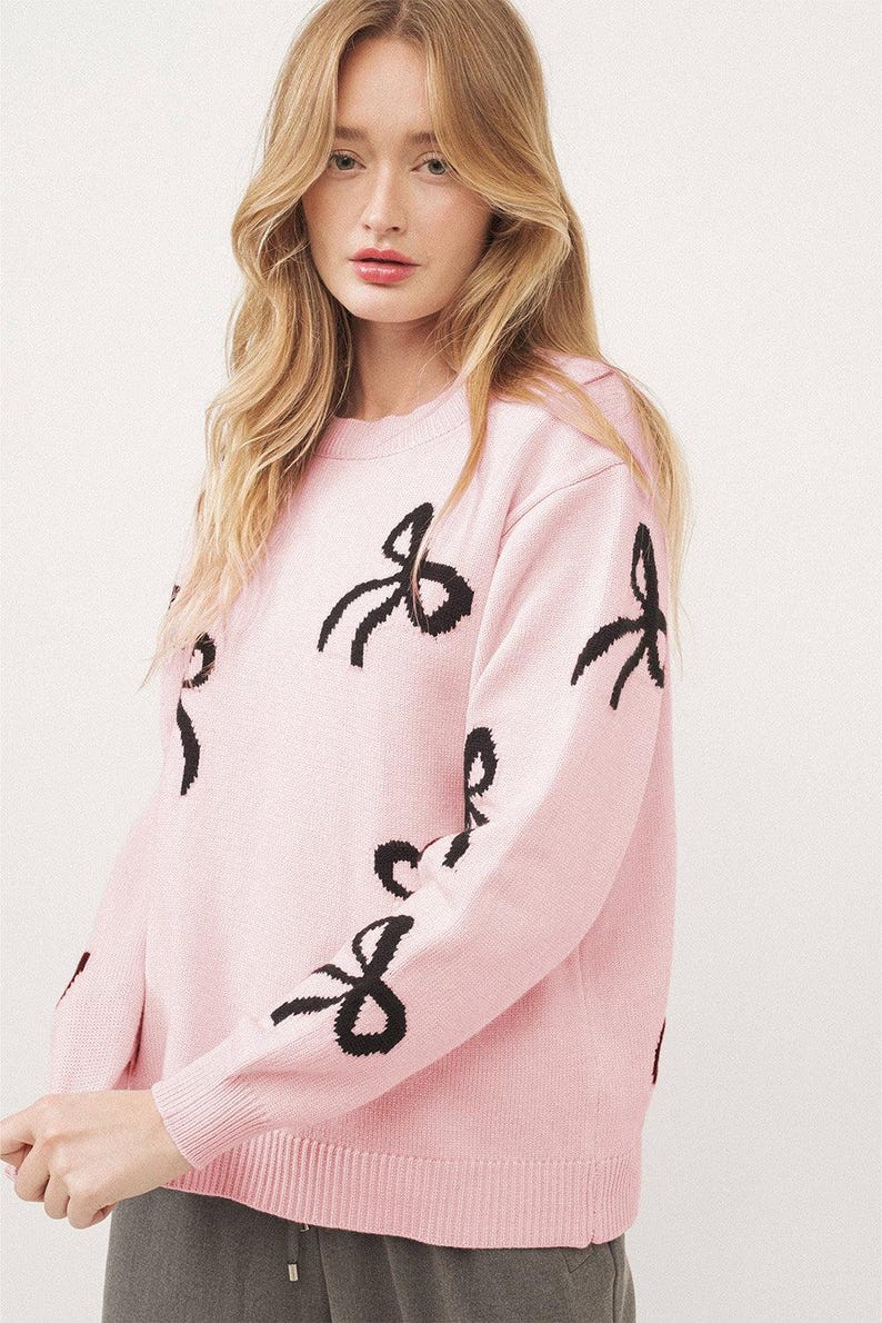 Light Pink Bow Pattern Knitted Loose Fit Sweater - Etsy