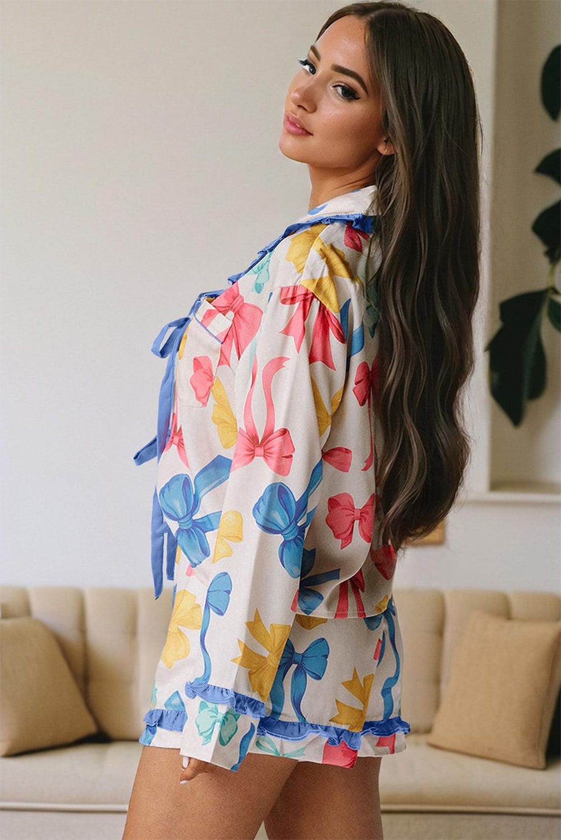 Sky Blue Bow Print Tied Ruffled Pajama Set - Etsy