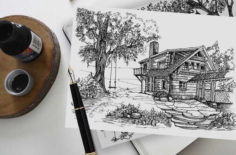 Pen and Ink Custom House Portrait Hand Drawn House Sketch My - Etsy