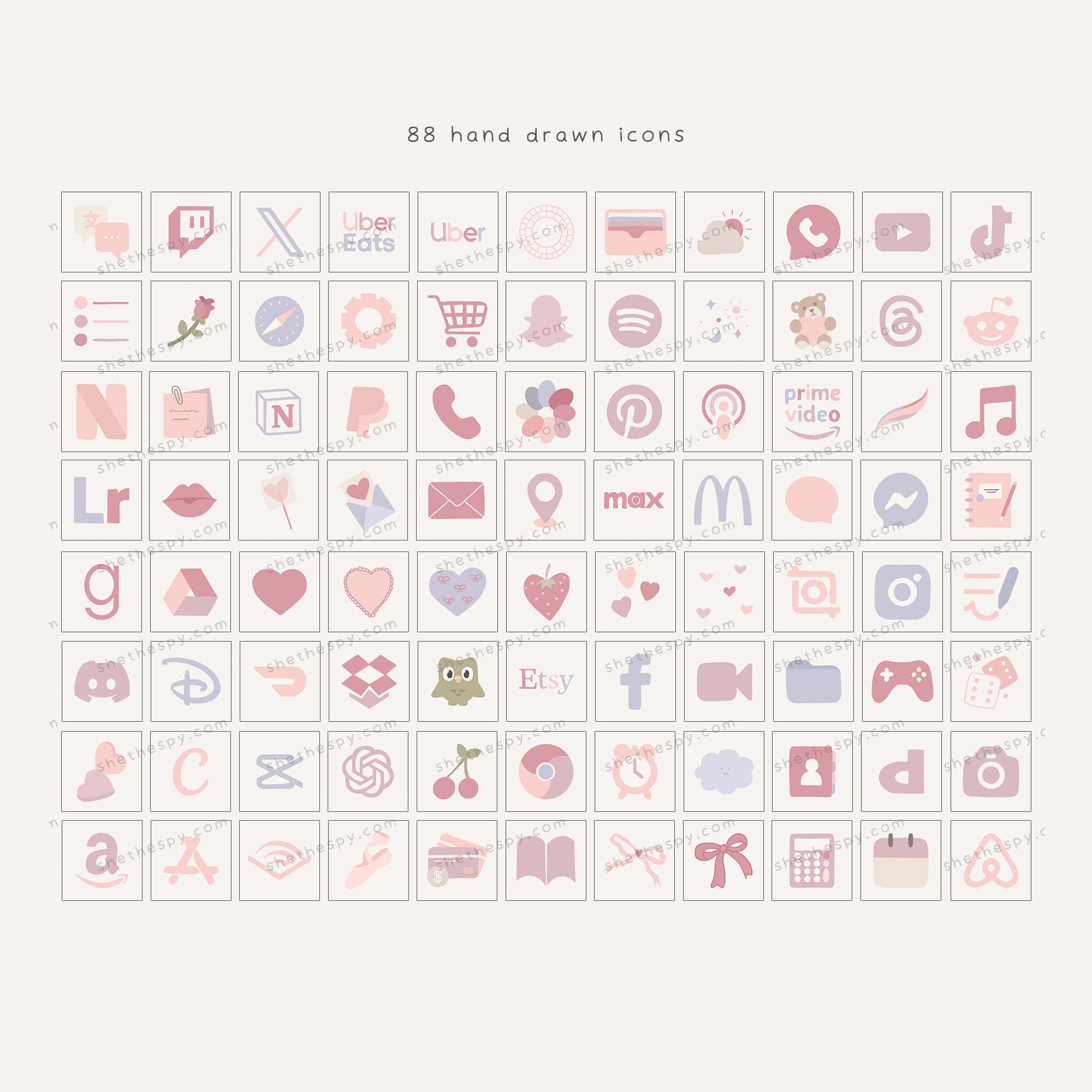 Coquette Aesthetic Icon Theme, Hand Drawn App Icons, Pink Home Screen ...