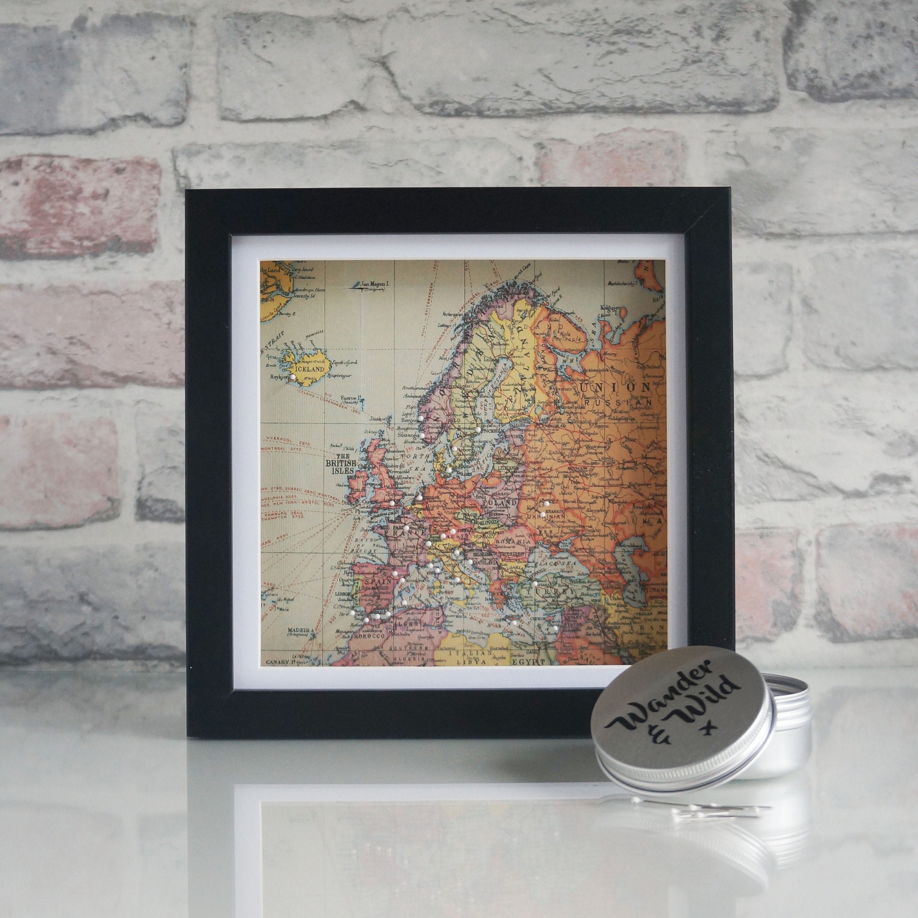 Pin Map Frame Europe // Small 20 X 20 Free Standing // Vintage World ...