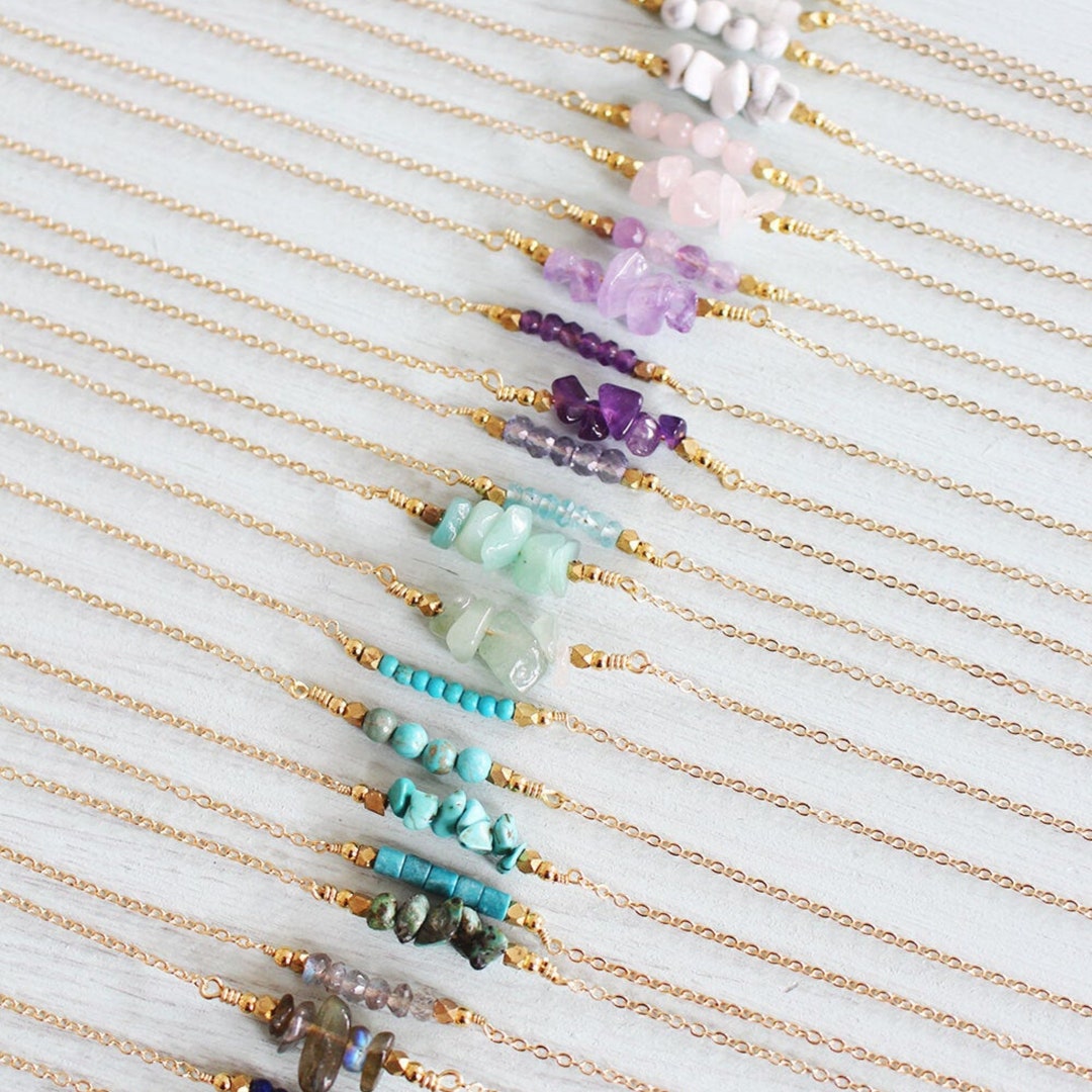 Gemstone Bar Necklace - Gemstone Necklace - Birthsone Necklace - Tiny ...