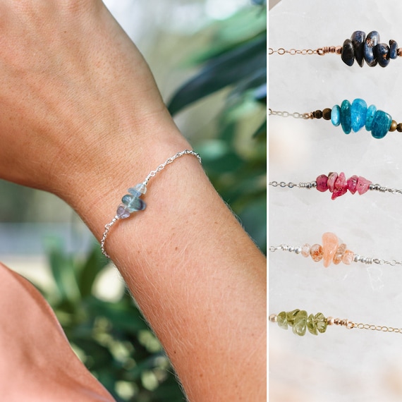 Personalised gemstone chip bead bar birthstone bracelet. Choose your crystals and metal. Custom beaded bar bracelet bridesmaid gift for her