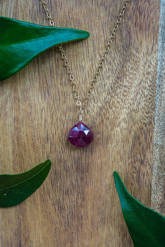 Tiny Ruby Necklace Small Ruby Faceted Teardrop Necklace