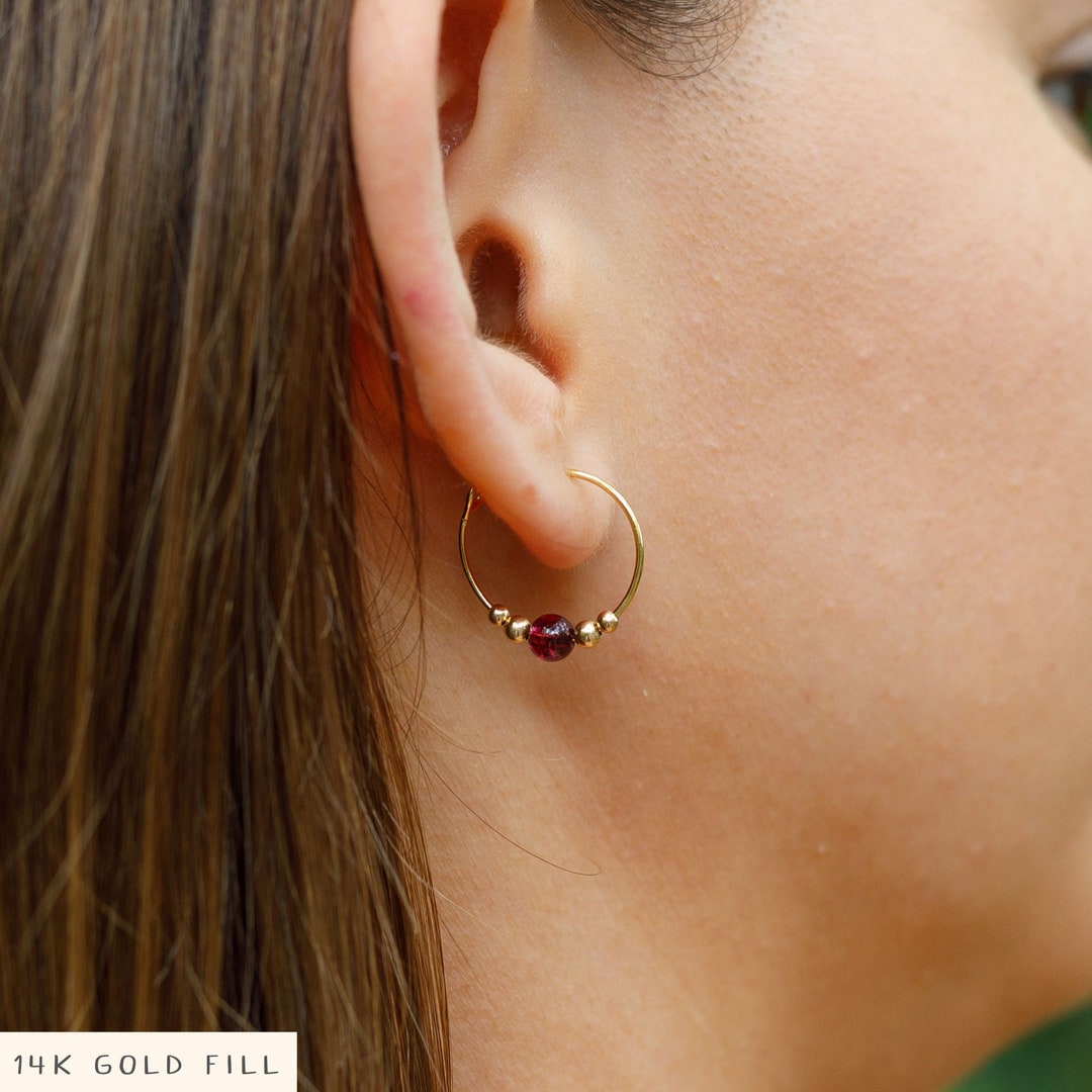 Tiny Dainty Garnet Bead Huggie Hoop Earrings - Elegant Genuine Gemstone ...