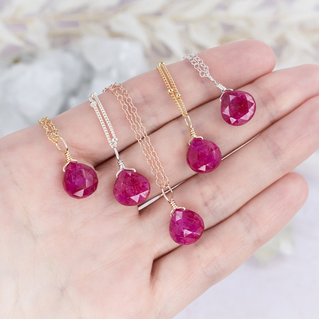 Tiny Ruby Necklace - Small Ruby Faceted Teardrop Necklace - Natural ...