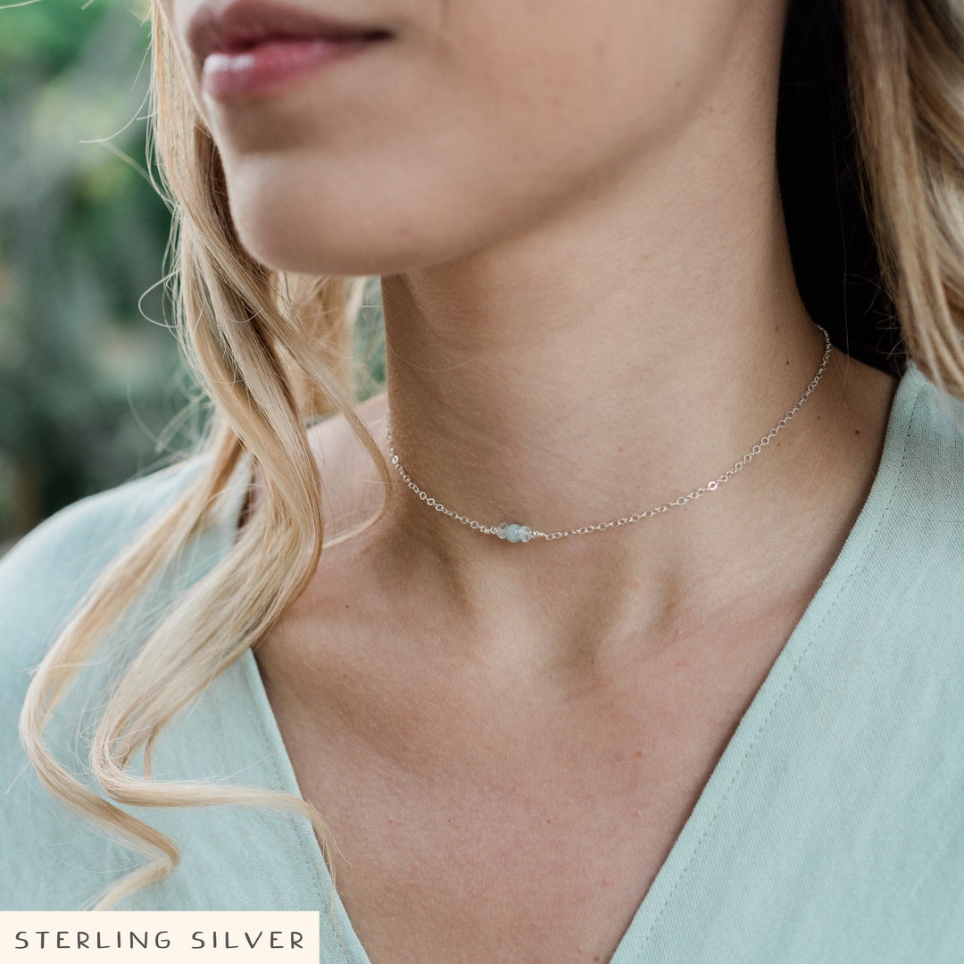 Aquamarine Tiny Beaded Choker. Aquamarine Crystal Blue Choker. Blue ...
