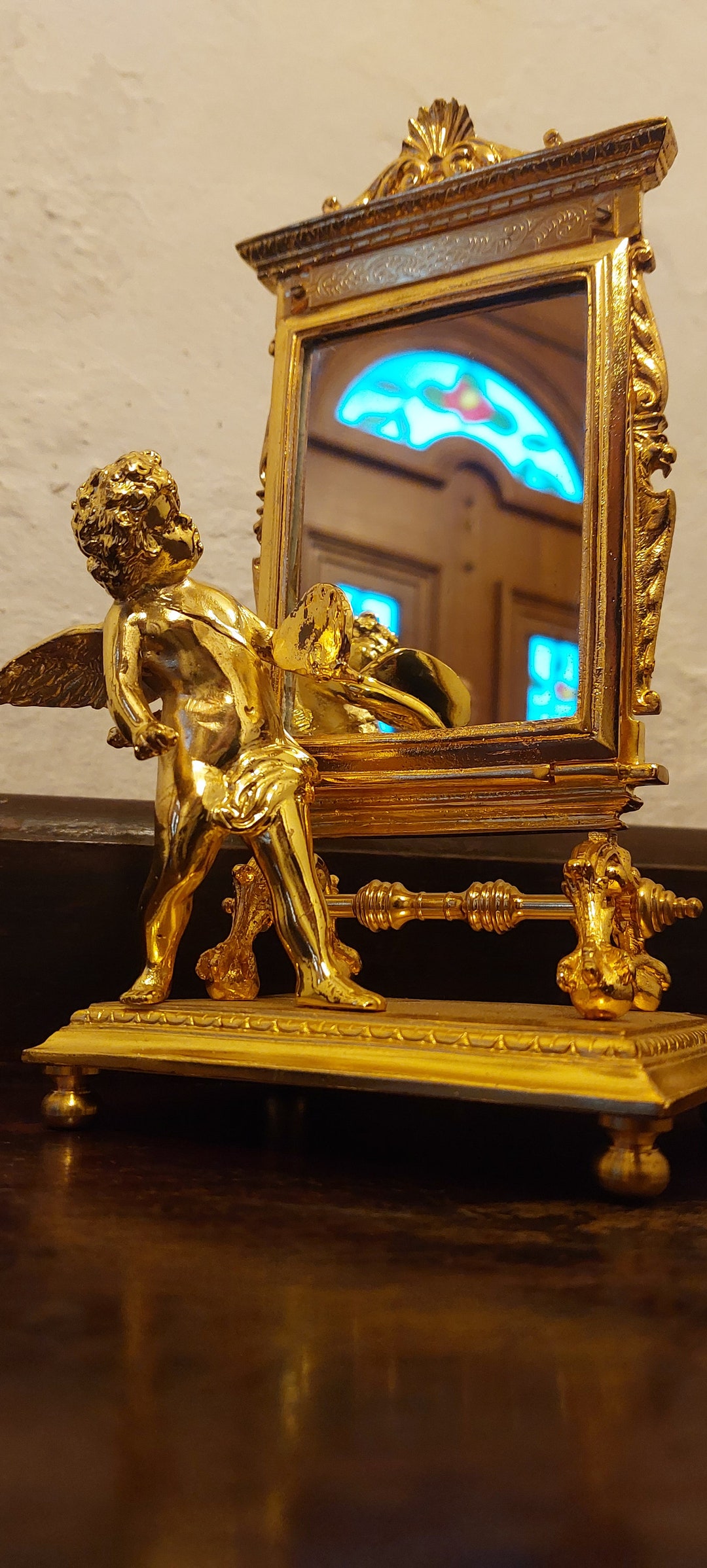 Antique French Gilt Bronze Table Top Mirror Winged Putti as Artist With ...
