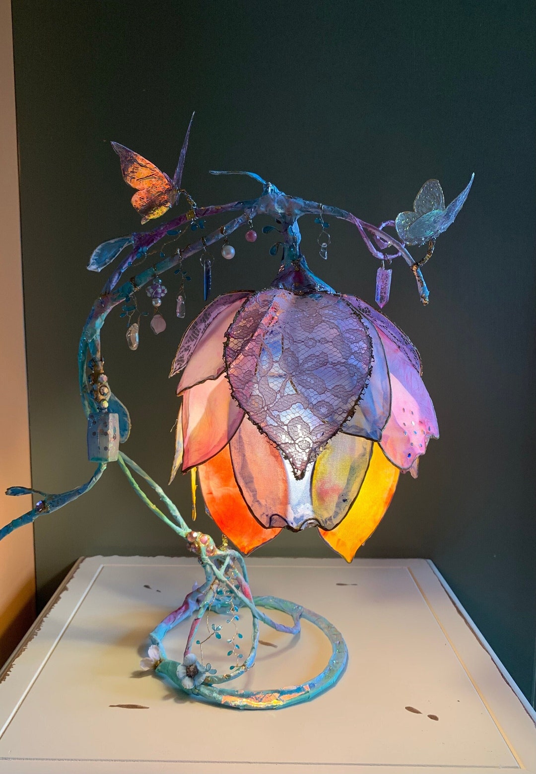 Sweet Flower Lamp Butterfly Lamp Irridescent Light Woodsy Rustic ...