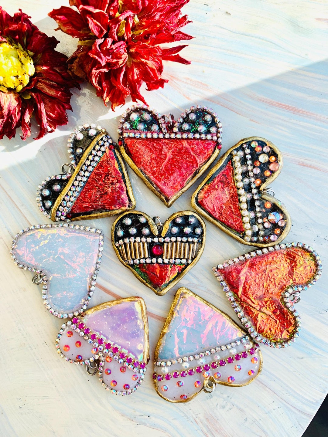 Iridescent Heart Pendants Flashy Heart Red Heart Fun Heart Jewelry Clay ...