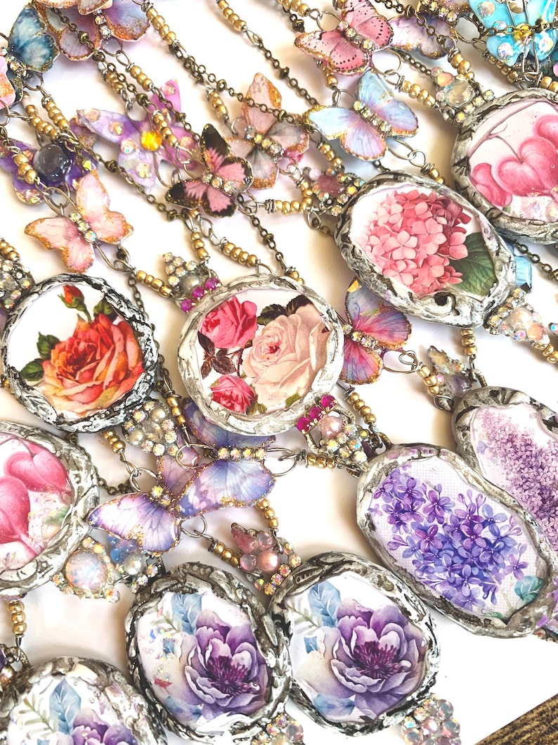 Pastel Garden Flower Necklace Butterfly Necklace Unique Spring Necklace ...
