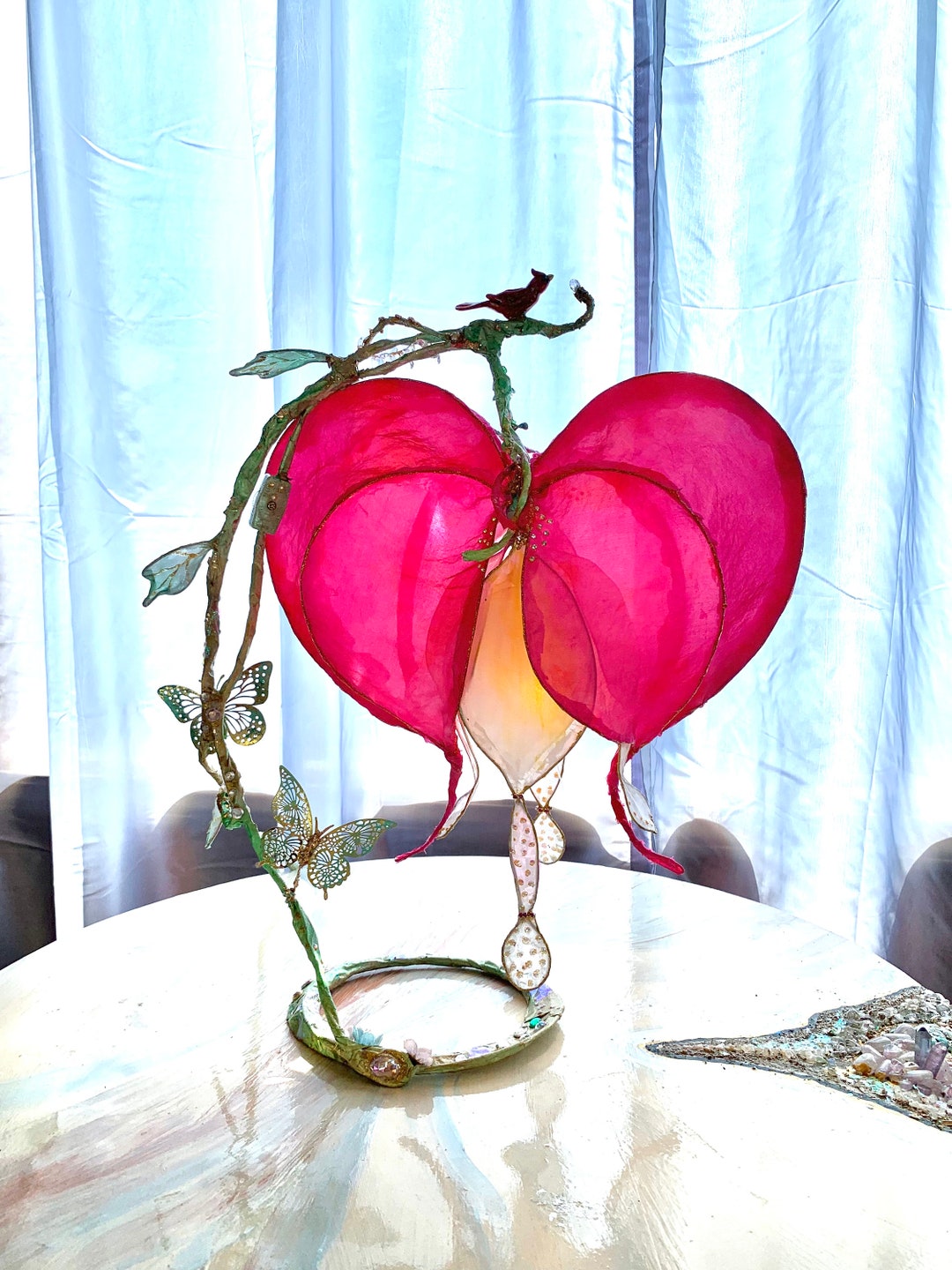 Blissful Bleeding Heart Lamp With Cardinal Bird Silk Lantern Heart ...