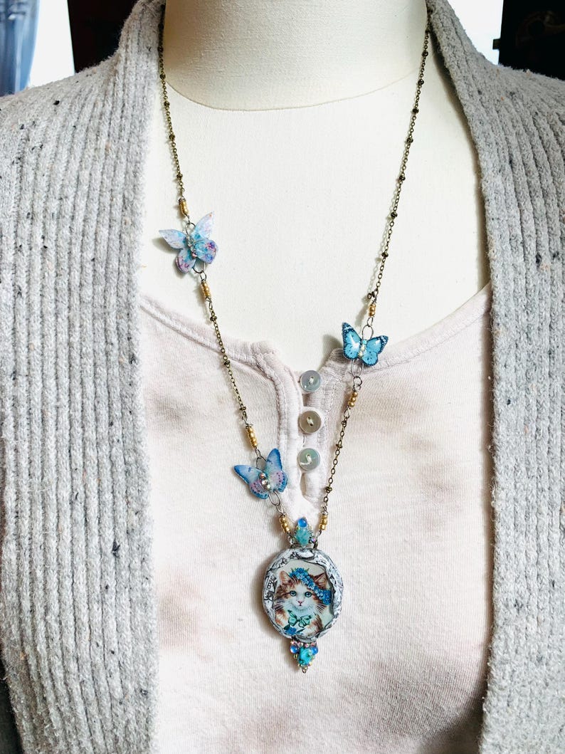 Pastel Garden Flower Necklace Butterfly Necklace Unique Spring Necklace ...