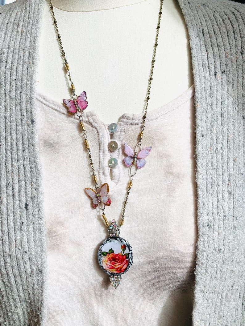Pastel Garden Flower Necklace Butterfly Necklace Unique Spring Necklace ...