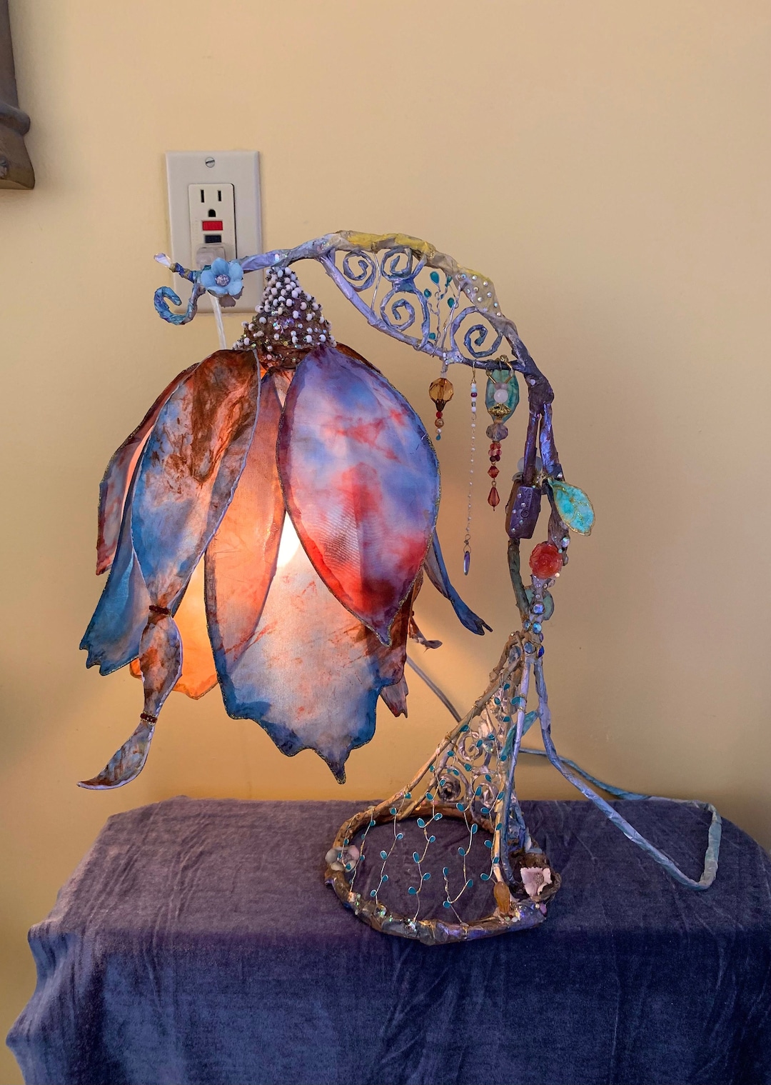 Blue Earth Bell Flower Lamp Pink Opal Beaded Artisan Lamp Flower Lamp ...
