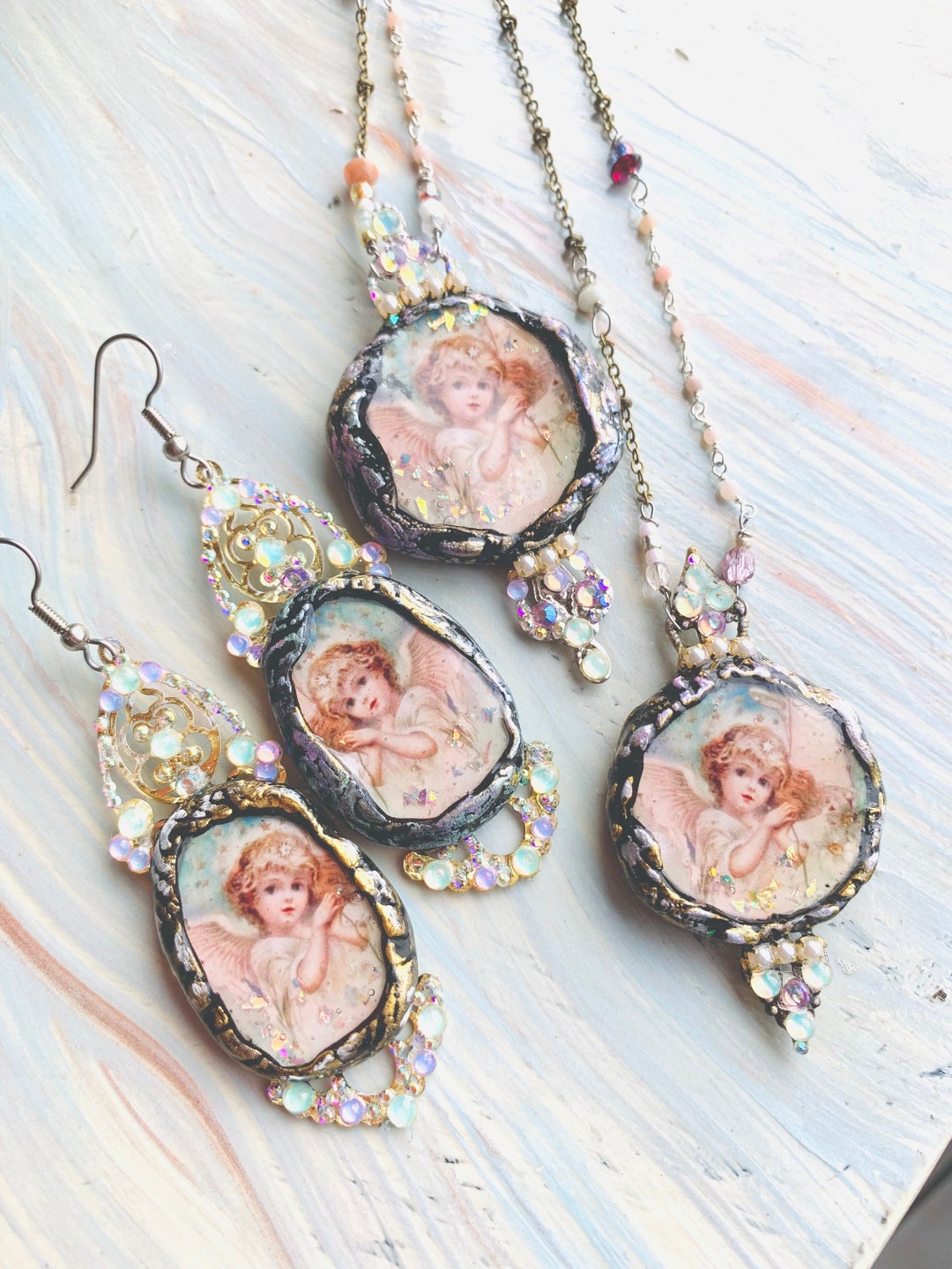 Angel Necklace Rustic Vintage Style Earrings Sparkly Earrings Angelic ...