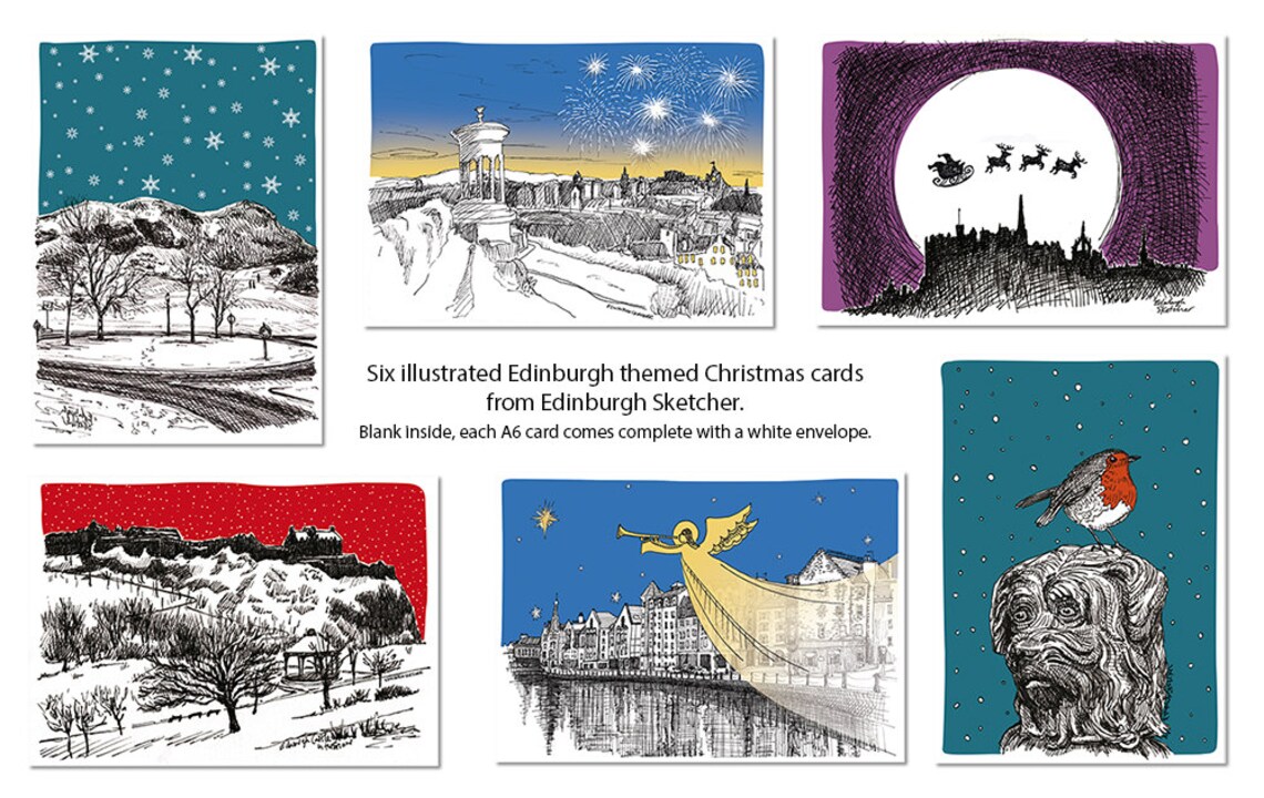 6 X Edinburgh Themed Christmas Cards, Illustrated by Edinburgh Sketcher ...