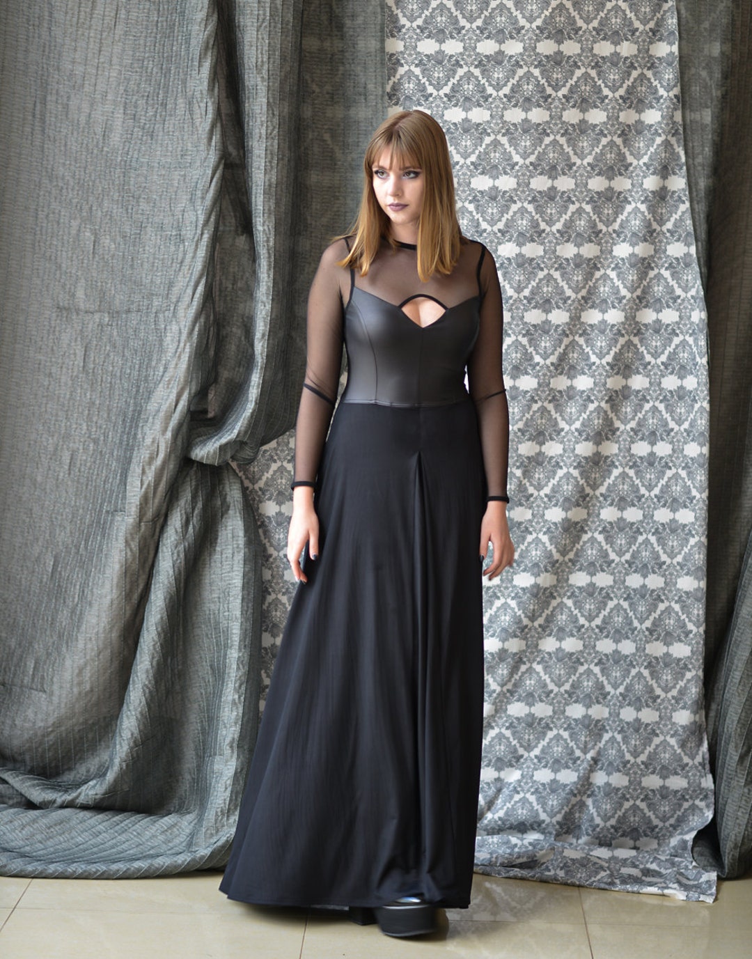 Leather Gothic Dress Witch Dress Mesh Black Dress - Etsy