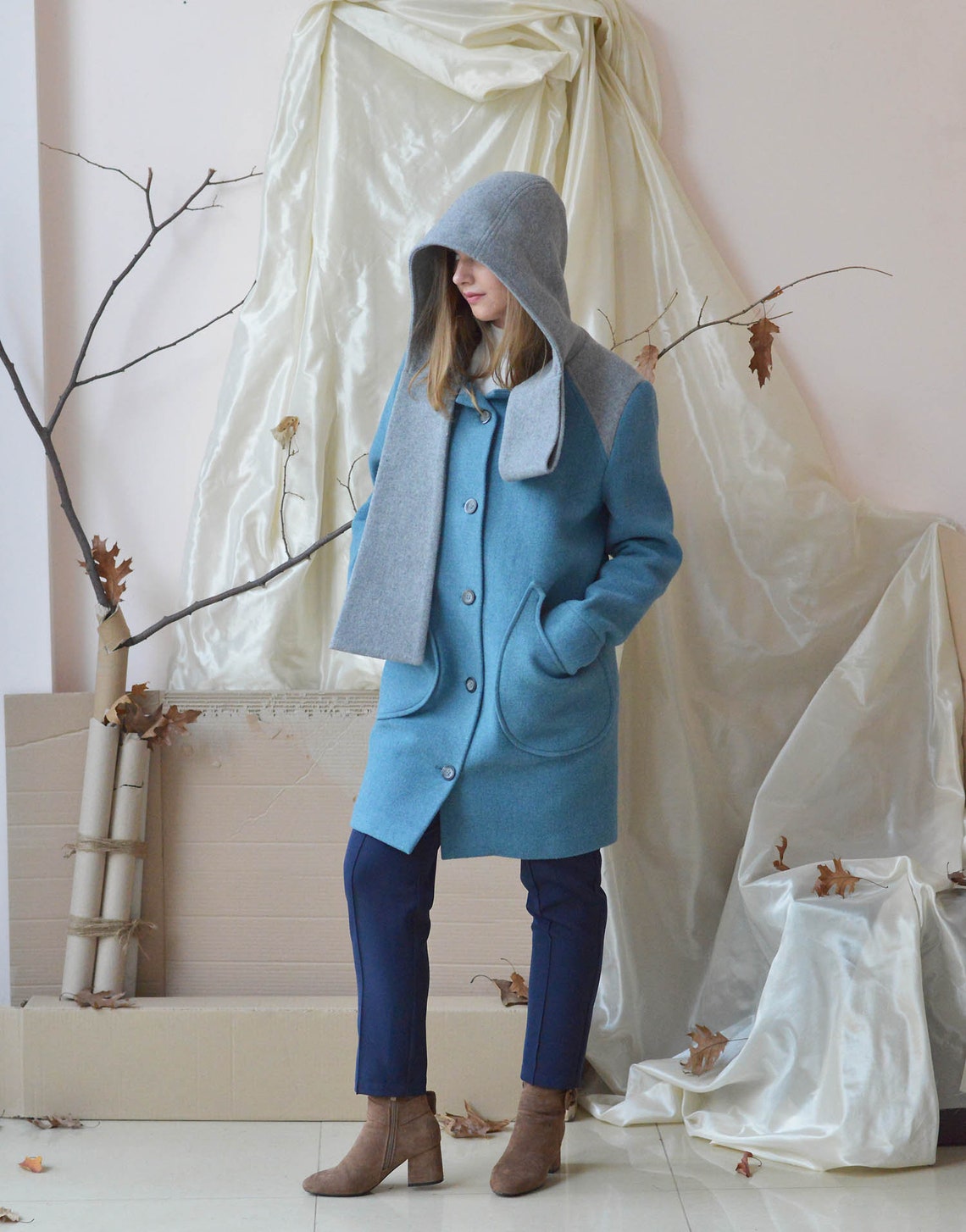 Wool Button Coat Short Hooded Coat - Etsy