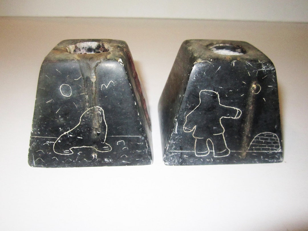 Pair Inuit Eskimo Signed Soapstone Candle Holders Images of Inuit, Seal ...
