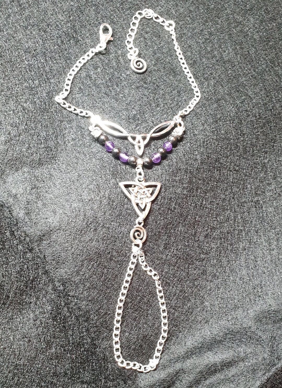 Celtic Amethyst and Hematite Hand-chain, Finger Bracelet/ Slave Bracelet. Wiccan Pagan Jewellery ...