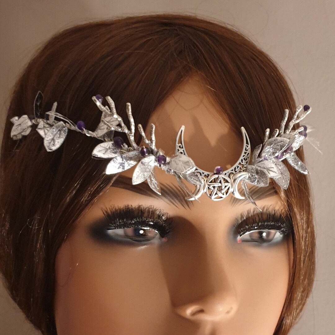 Selene Moon Goddess Pagan Wicca Silver Plated Triple Moon With Amethyst ...