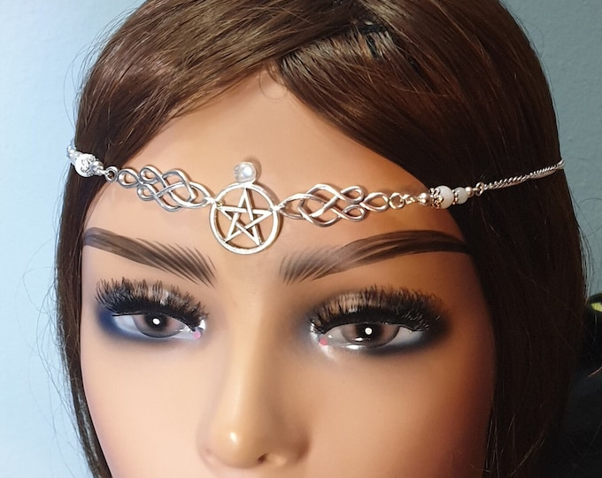 Celtic Witch Pentagram and Rainbow Moonstone Head-chain Pagan Wicca ...