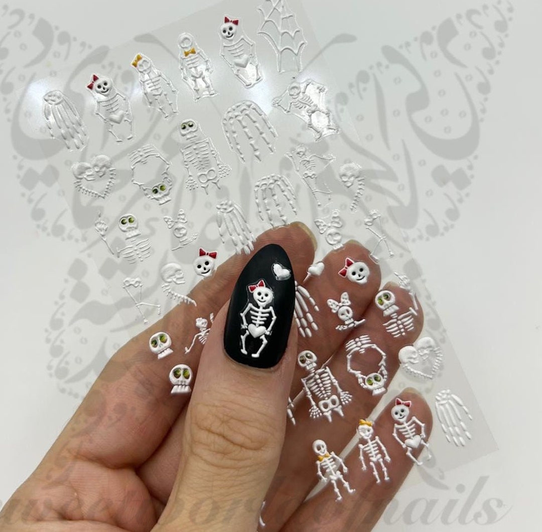 Halloween Nails 5d White Skeleton Nail Art Stickers - Etsy