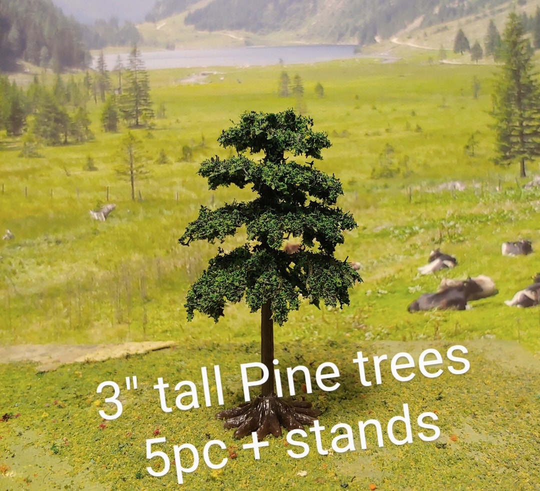 Miniature Model Pine Trees 5pc 3" Tall Trees W/foliage + 5 Stands for ...