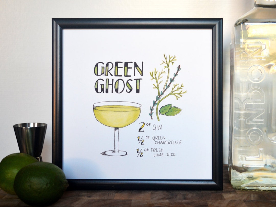 Green Ghost Cocktail Recipe Print of Original Handlettered Watercolor ...